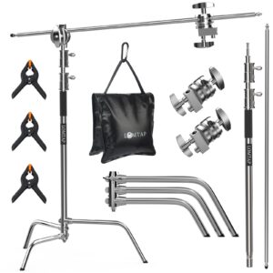 lomtap c stand light stand stainless metal photography kit - heavy duty 6.8ft/210cm vertical pole, 2.8ft/87cm boom arm, adjustable base, water sandbag, 2 grip heads, 3 clips for softbox, reflector