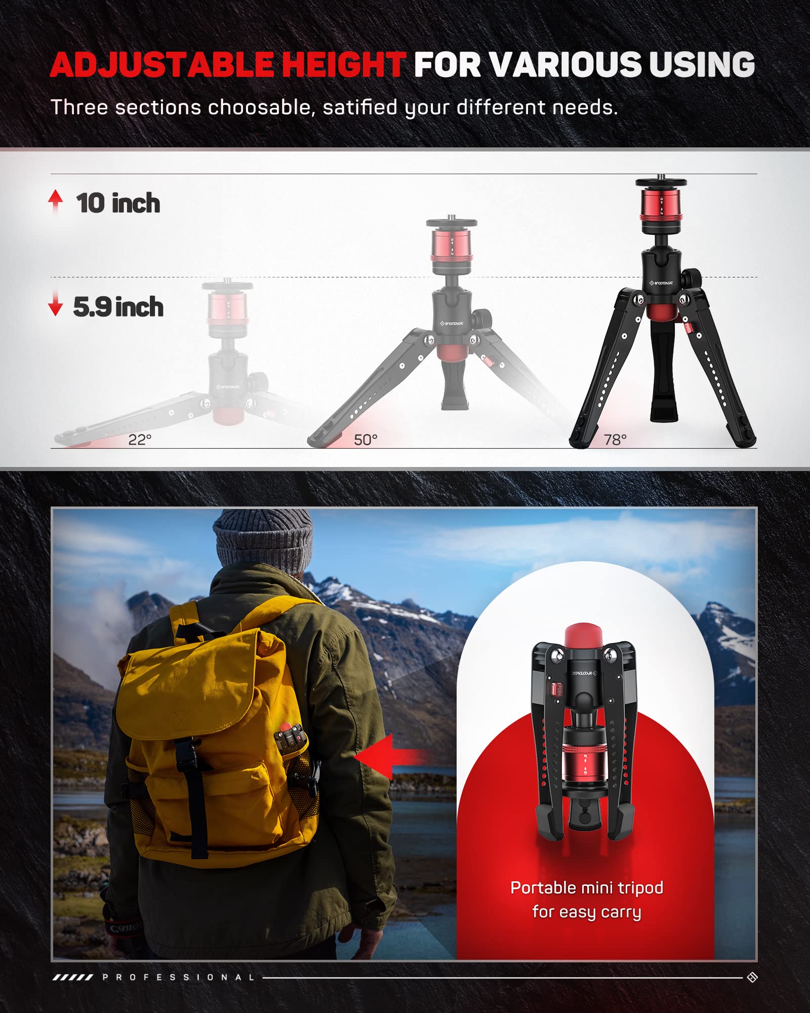 IFOOTAGE Small Tripod, Professional Mini Tripod for Photography, Tabletop Tripod for Photography, Aluminum Heavy Duty, Desktop Tripod Compatible with Sony, Nikon, Canon DSLR Camera, IFOOTAGE Base