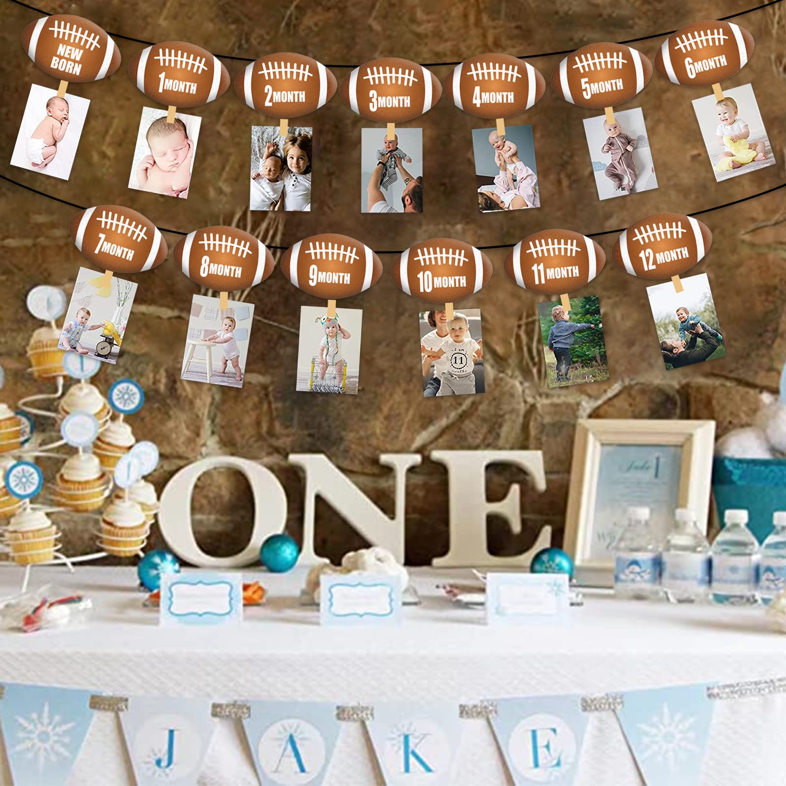 Football 1st Birthday Monthly Photo Banner Football Theme First Year Photo Banner for Newborn to 12 Months, First Year Down Banner With Football Balloon, Football First Birthday Party Decoration