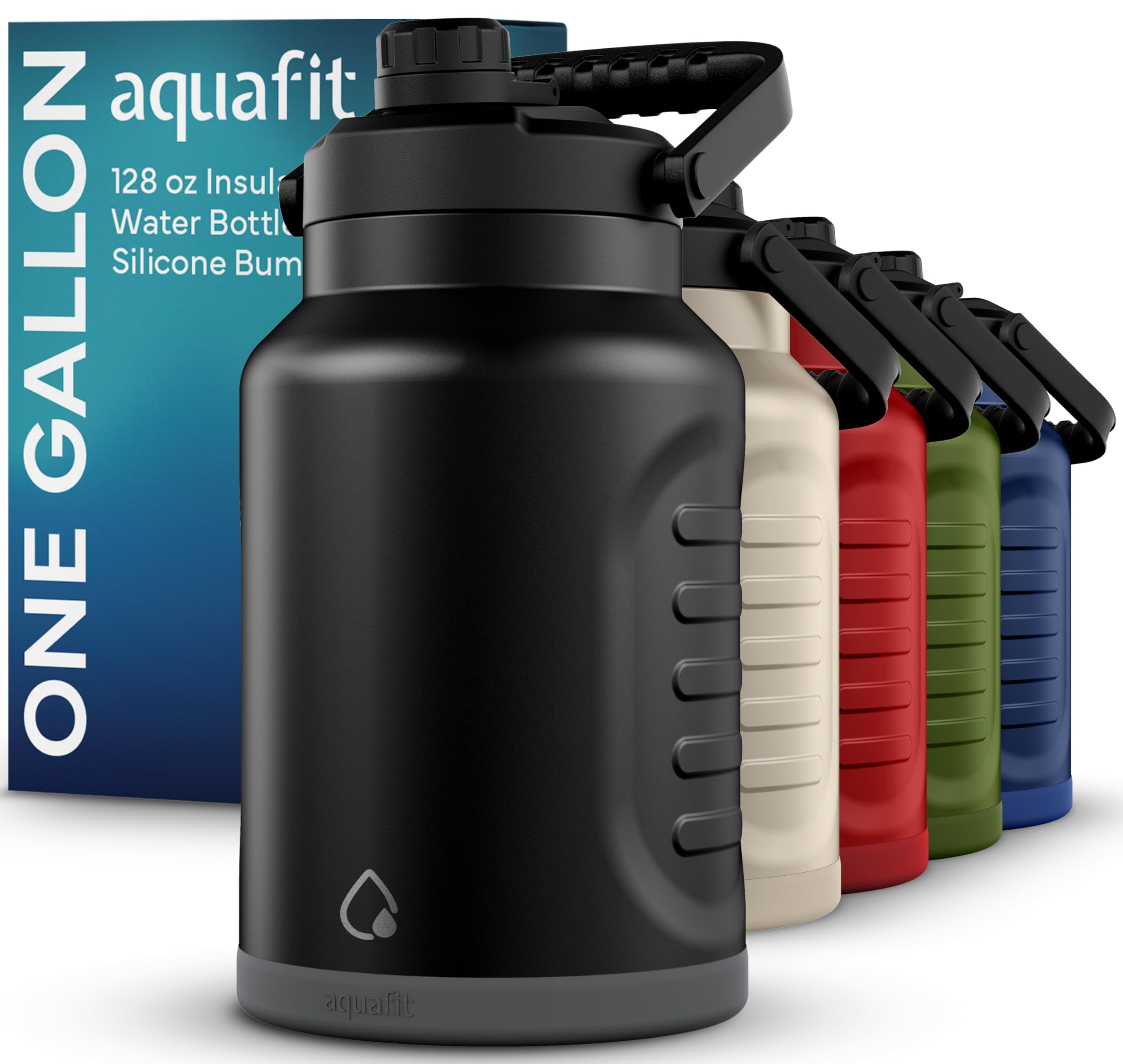 AQUAFIT One Gallon Water Bottle Insulated - Gallon Water Jug 128 oz - Large Water Bottle Insulated Growler - 1 Gallon Water Jug, Stainless Steel Big Water Bottle (Midnight Black)