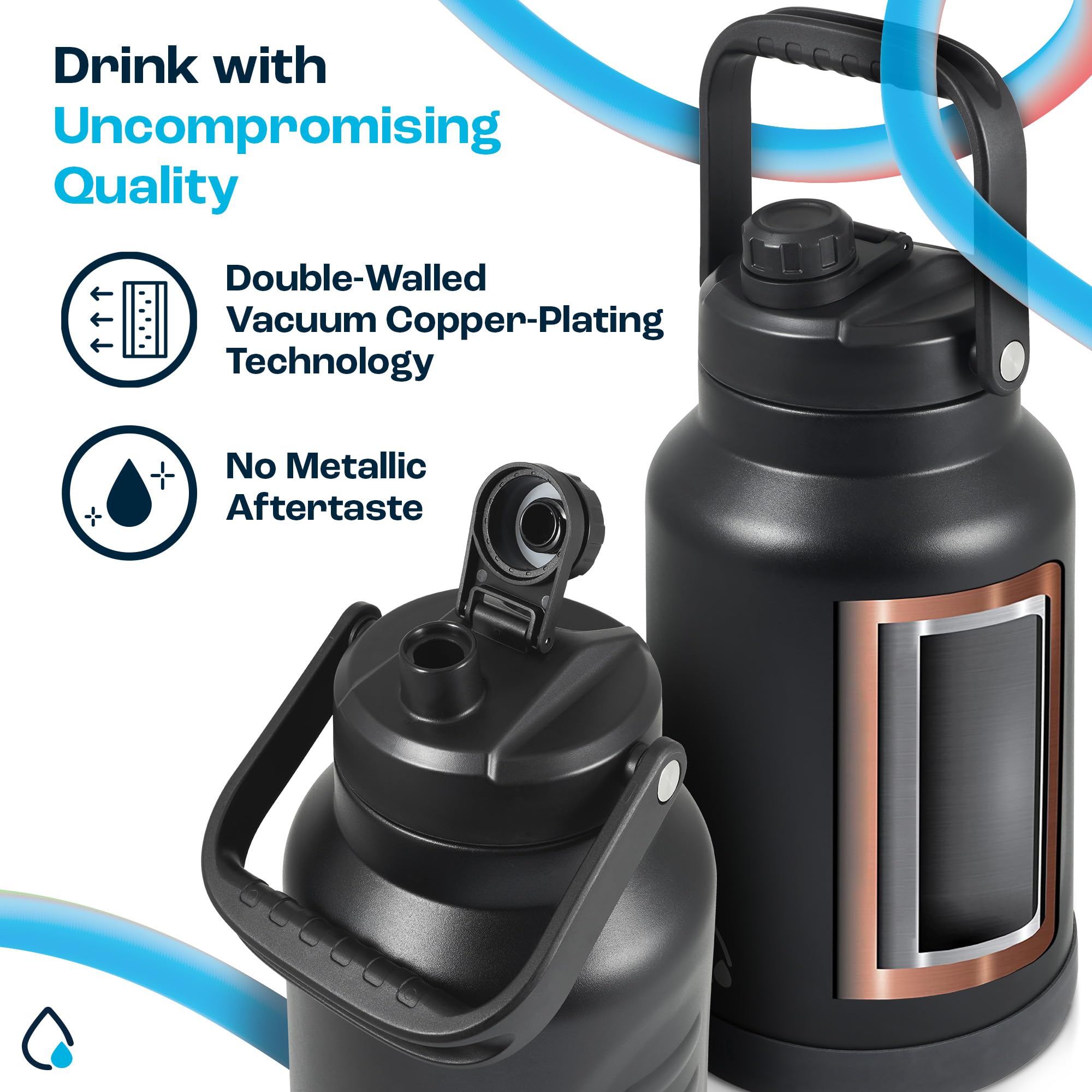 AQUAFIT One Gallon Water Bottle Insulated - Gallon Water Jug 128 oz - Large Water Bottle Insulated Growler - 1 Gallon Water Jug, Stainless Steel Big Water Bottle (Midnight Black)