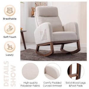 NIOIIKIT Nursery Rocking Chair, Upholstered Glider Chair for Nursery, Accent Rocker Chair with Tall Back & Side Pockets, Modern Leisure Single Arm Chair for Living Room, Bedroom (Beige)