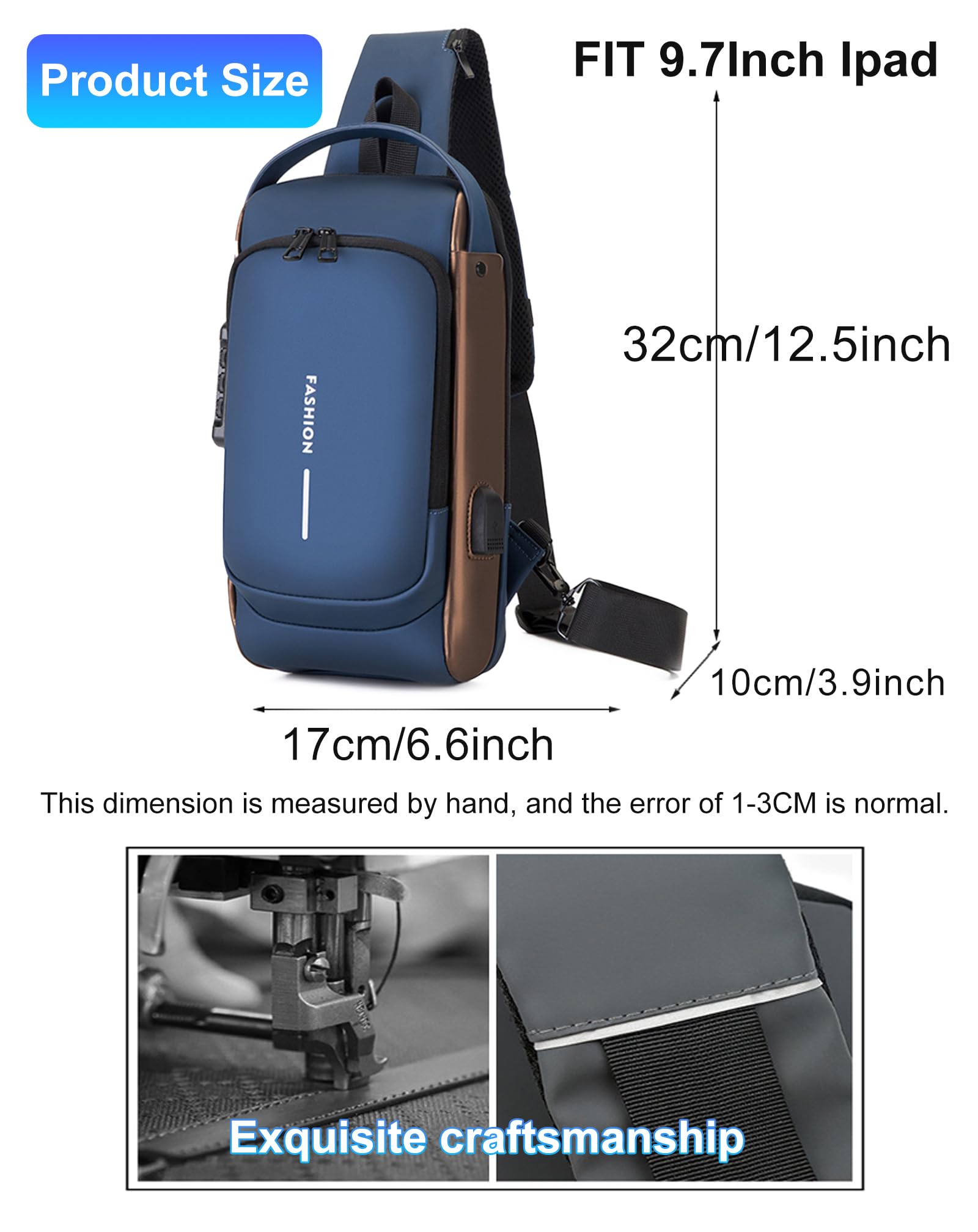 Geanbun Anti-Theft Sling Bag USB Shoulder Bag Crossbody Backpack Waterproof Chest Daypack Lightweight(Blue)