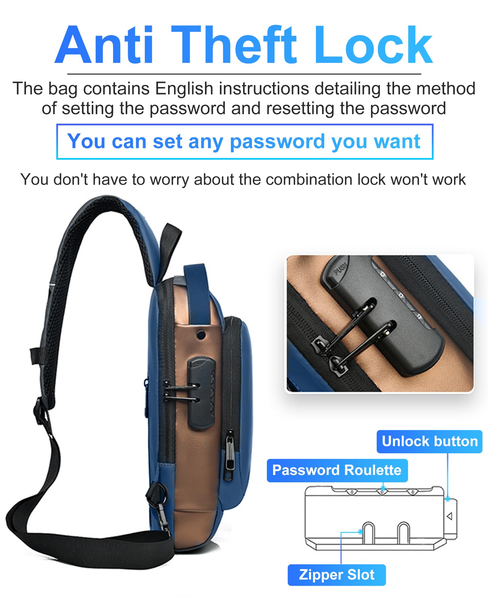 Geanbun Anti-Theft Sling Bag USB Shoulder Bag Crossbody Backpack Waterproof Chest Daypack Lightweight(Blue)