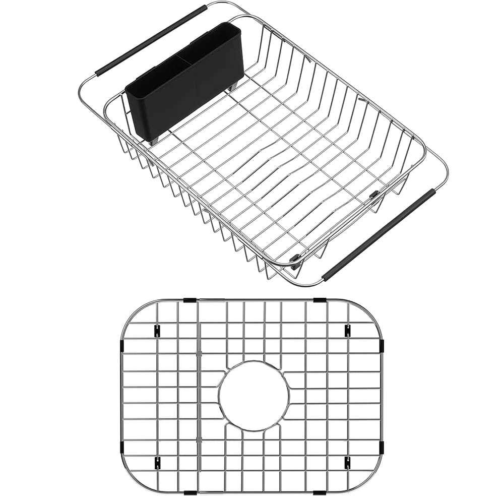 Expandable Dish Drying Rack Over The Sink Dish Drainer Dish Rack in Sink Kitchen Sink Grate Sink Protector for Kitchen Sink, Stainless Steel