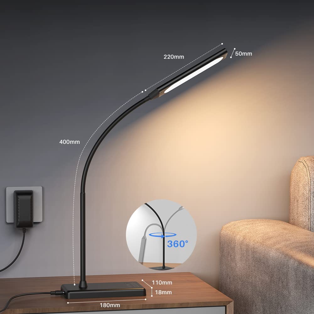 GARMESE LED Desk Lamp, Touch Adjustable Table Lamp with USB Charging Port 5 Modes and 6 Brightness Levels Eye Protection Reading Light 48 LED Memory Function Desk Lights for Home Office Black