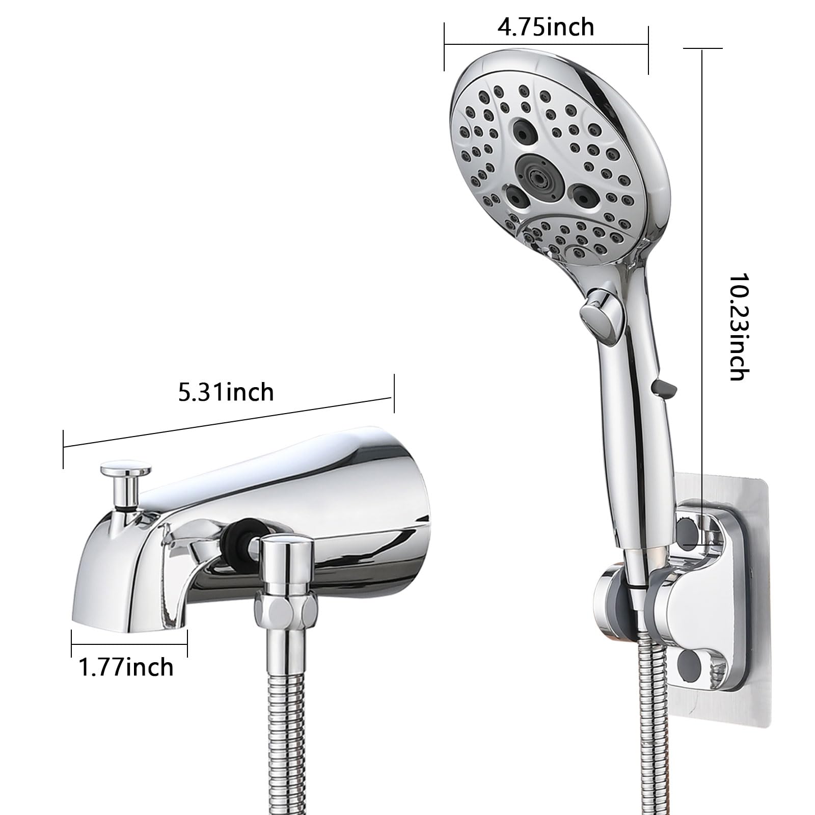 PROOX All Metal Tub Spout with Diverter, 6 Settings Hand held Shower with ON/OFF Pause Switch, Bathtub Faucet with Sprayer Chrome