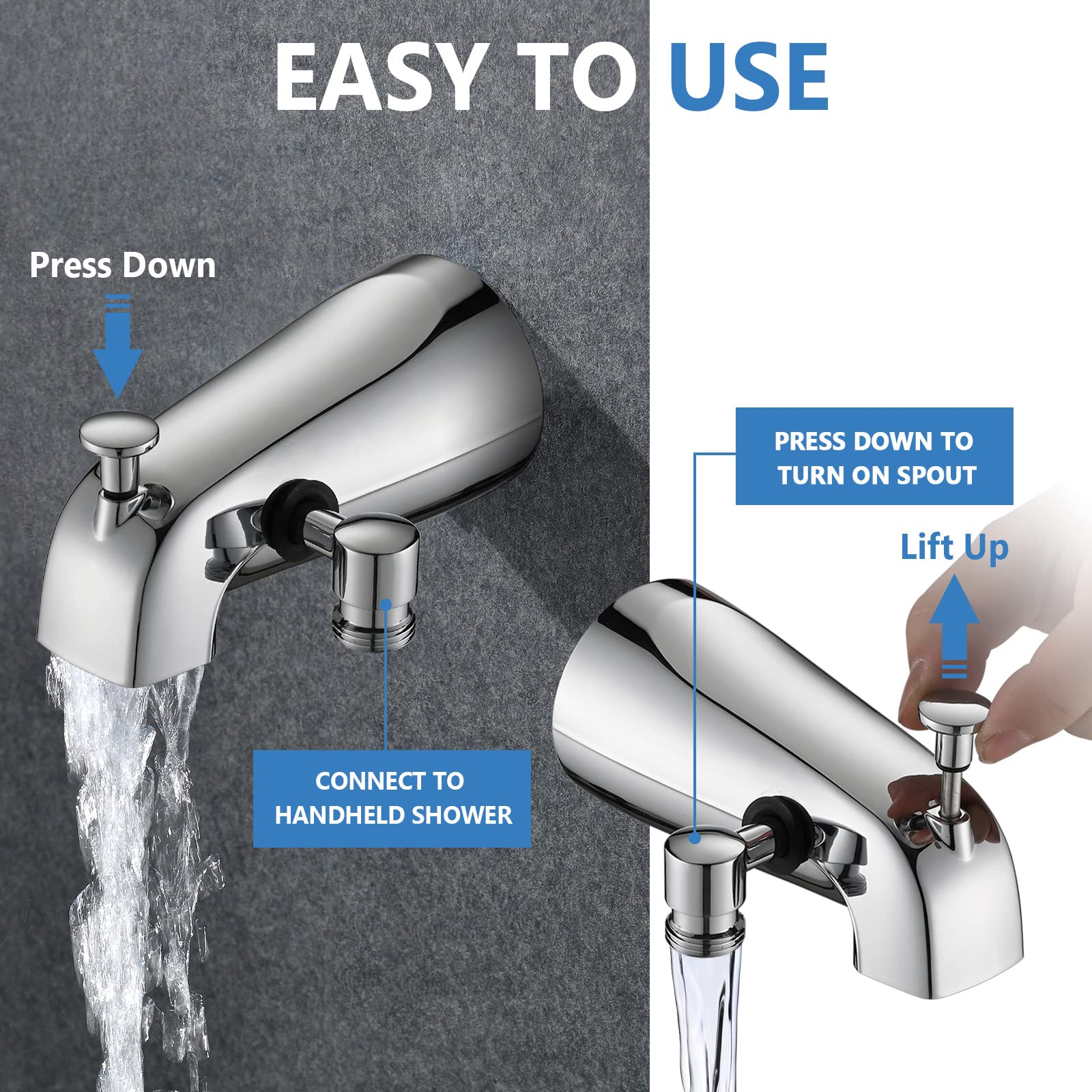 PROOX All Metal Tub Spout with Diverter, 6 Settings Hand held Shower with ON/OFF Pause Switch, Bathtub Faucet with Sprayer Chrome