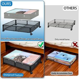 punemi Under Bed Storage with Wheels & Removable Bags, 2 Pcs Underbed Storage Containers Rolling Drawers with Handle, Metal Under Bed Shoe Organizers for Clothes Toys, Tool-free Assembly -Black