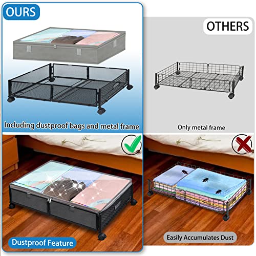 punemi Under Bed Storage with Wheels & Removable Bags, 2 Pcs Underbed Storage Containers Rolling Drawers with Handle, Metal Under Bed Shoe Organizers for Clothes Toys, Tool-free Assembly -Black