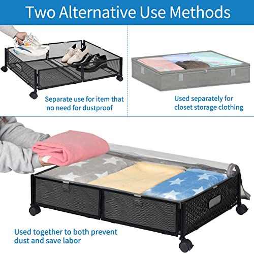 punemi Under Bed Storage with Wheels & Removable Bags, 2 Pcs Underbed Storage Containers Rolling Drawers with Handle, Metal Under Bed Shoe Organizers for Clothes Toys, Tool-free Assembly -Black