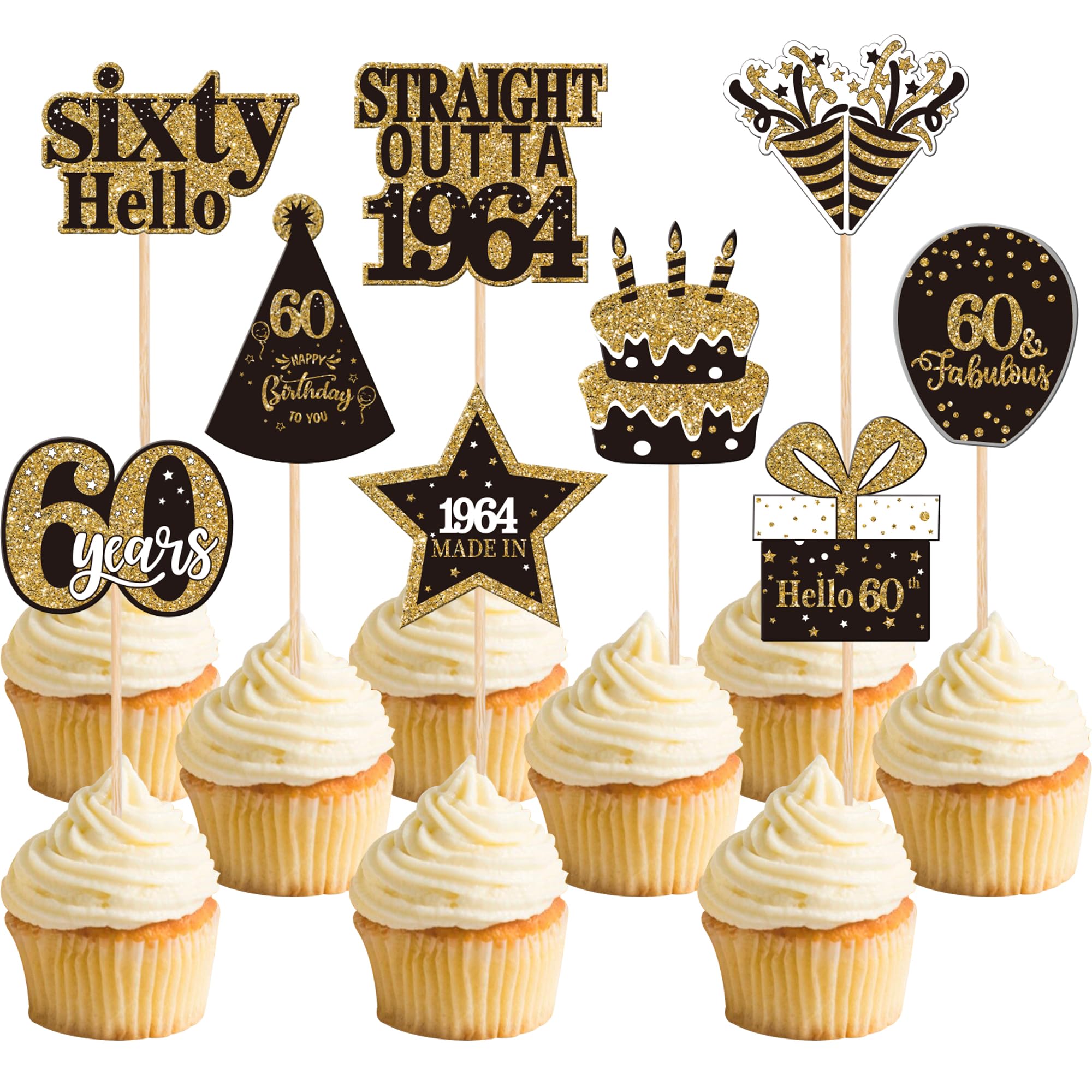 36PCS Happy 60th Birthday Cupcake Toppers Double Sided Black Gold Sixty Hello 60 Straight Outta 1964 Cupcake Picks 60 Fabulous Cheers to 60 Years Cake Decorations for 60th Birthday Party Supplies