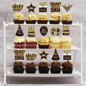 36PCS Happy 60th Birthday Cupcake Toppers Double Sided Black Gold Sixty Hello 60 Straight Outta 1964 Cupcake Picks 60 Fabulous Cheers to 60 Years Cake Decorations for 60th Birthday Party Supplies