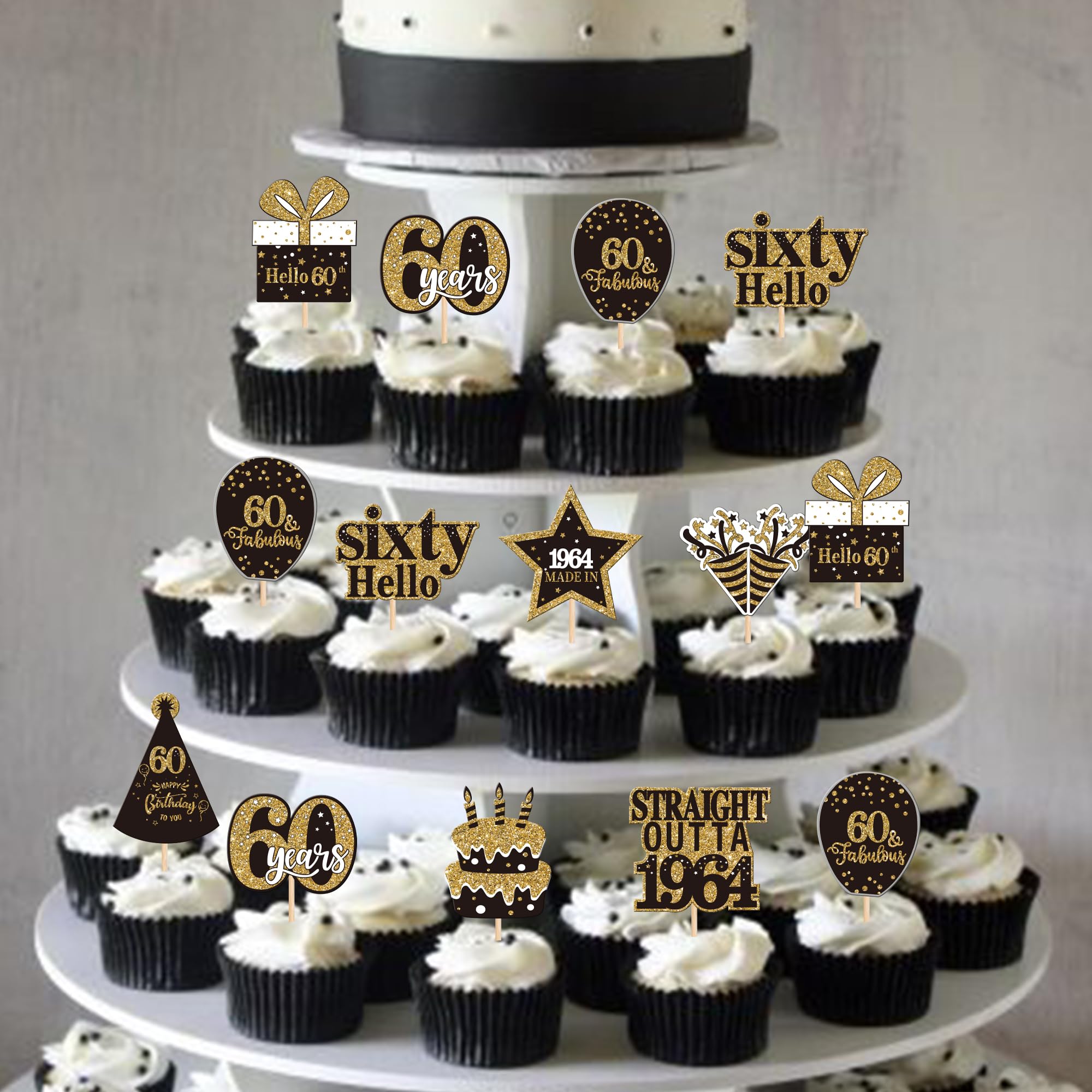 36PCS Happy 60th Birthday Cupcake Toppers Double Sided Black Gold Sixty Hello 60 Straight Outta 1964 Cupcake Picks 60 Fabulous Cheers to 60 Years Cake Decorations for 60th Birthday Party Supplies