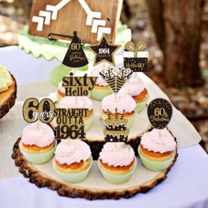 36PCS Happy 60th Birthday Cupcake Toppers Double Sided Black Gold Sixty Hello 60 Straight Outta 1964 Cupcake Picks 60 Fabulous Cheers to 60 Years Cake Decorations for 60th Birthday Party Supplies