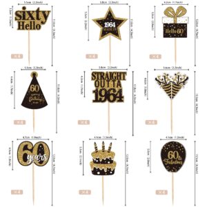 36PCS Happy 60th Birthday Cupcake Toppers Double Sided Black Gold Sixty Hello 60 Straight Outta 1964 Cupcake Picks 60 Fabulous Cheers to 60 Years Cake Decorations for 60th Birthday Party Supplies