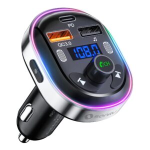 sonru​ bluetooth 5.3 fm transmitter for car, bluetooth car adapter with dual usb charger 48w pd&qc3.0 usb 7 colored led backlit light support handsfree calling