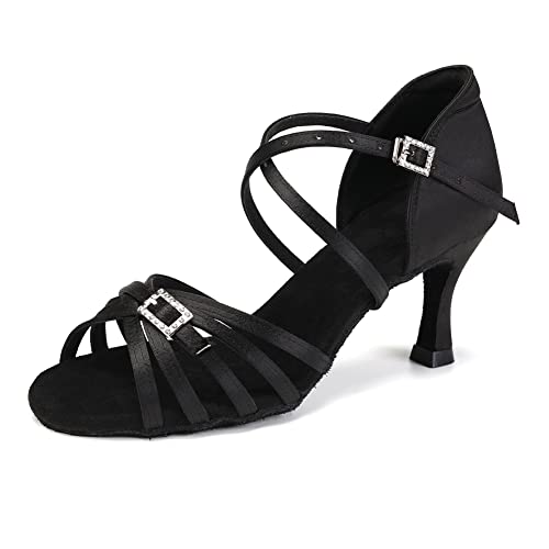 JUODVMP Women's Latin Dance Shoes Black Satin Open Toe 3 inch Heel Ballroom Salsa Dance Sandals with Suede Sole,7US