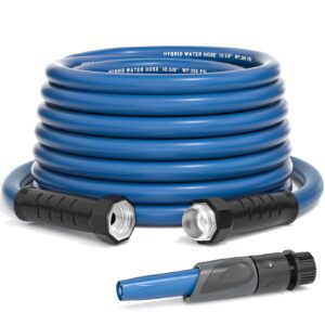 greener heavy duty garden hose 50ft, 5/8" flexible hybrid rubber hose, kink-resistant water hose with leakproof swivel grip, 3/4in solid fittings and functional nozzle, for outdoor garden lawn