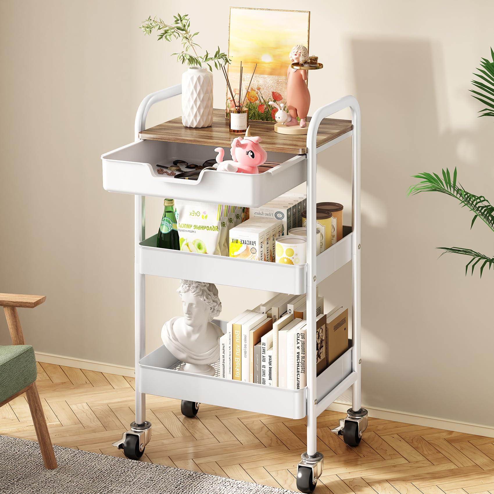 SNTD 3 Tier Rolling Utility Cart with Wheels - Storage Cart with Wood Table Top and Drawer, Metal Art Cart for Kitchen, Office, Classroom (White)