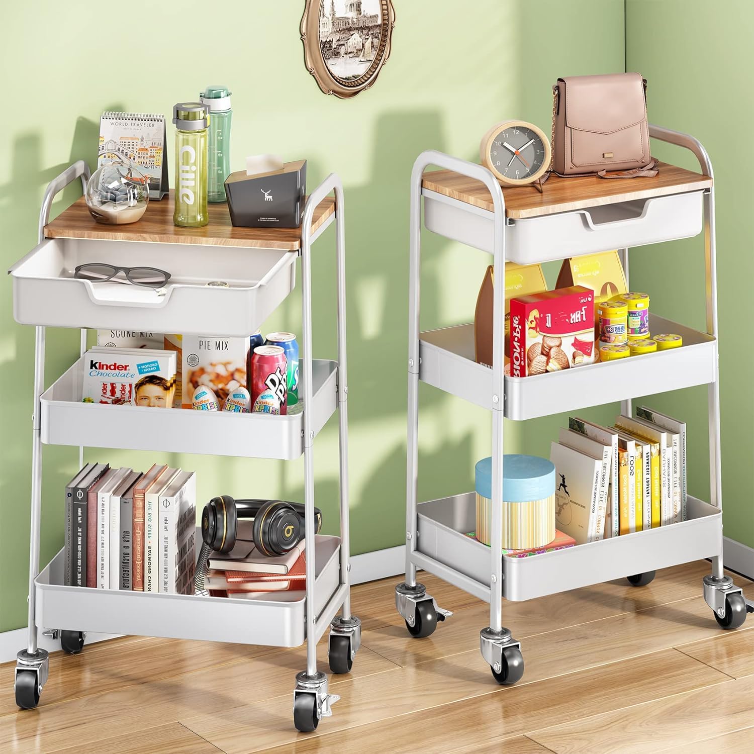 SNTD 3 Tier Rolling Utility Cart with Wheels - Storage Cart with Wood Table Top and Drawer, Metal Art Cart for Kitchen, Office, Classroom (White)