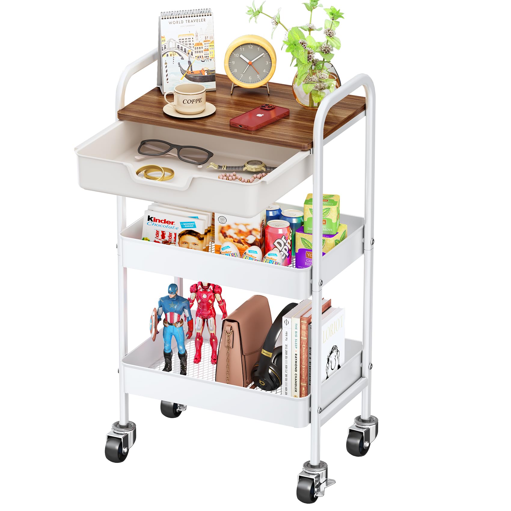 SNTD 3 Tier Rolling Utility Cart with Wheels - Storage Cart with Wood Table Top and Drawer, Metal Art Cart for Kitchen, Office, Classroom (White)