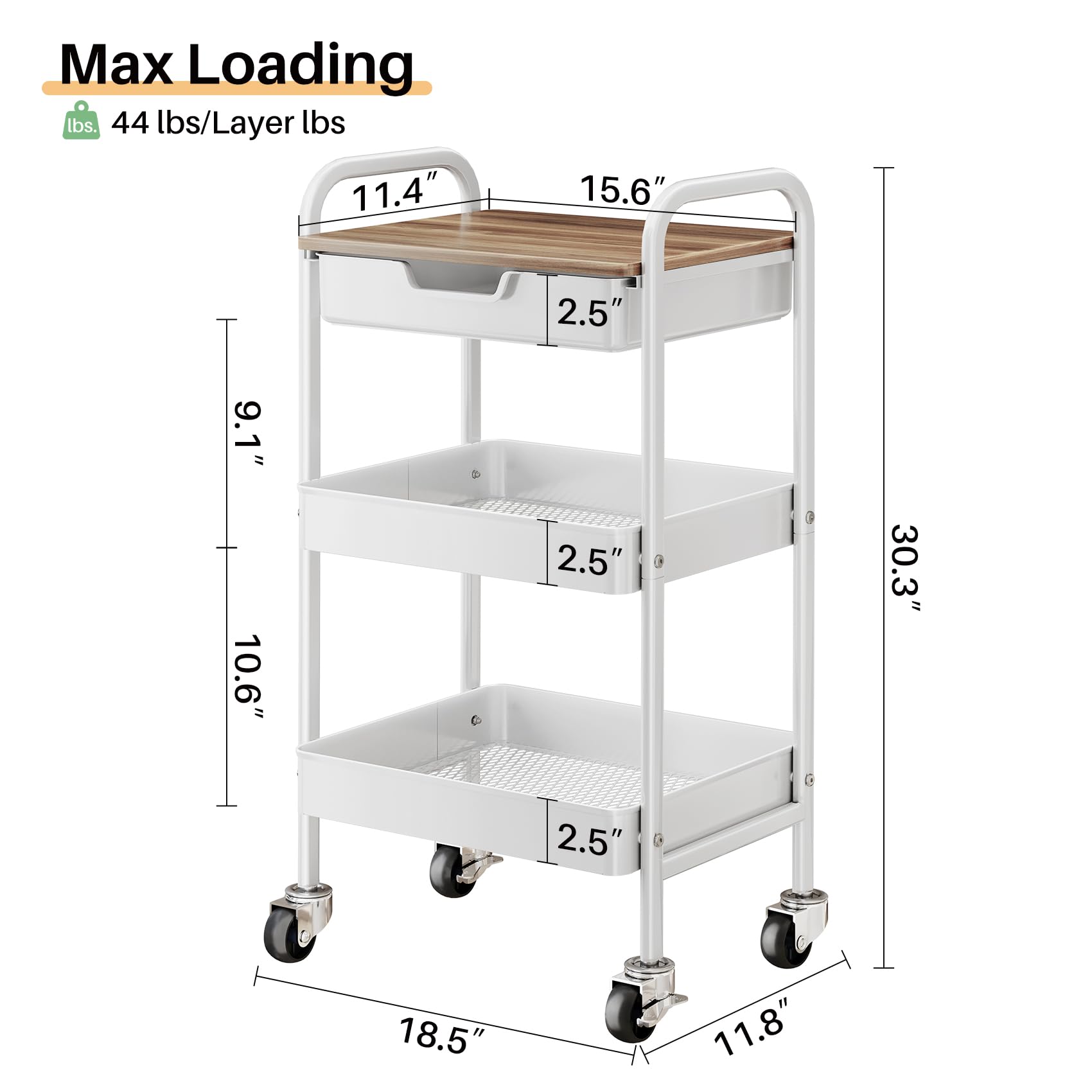 SNTD 3 Tier Rolling Utility Cart with Wheels - Storage Cart with Wood Table Top and Drawer, Metal Art Cart for Kitchen, Office, Classroom (White)