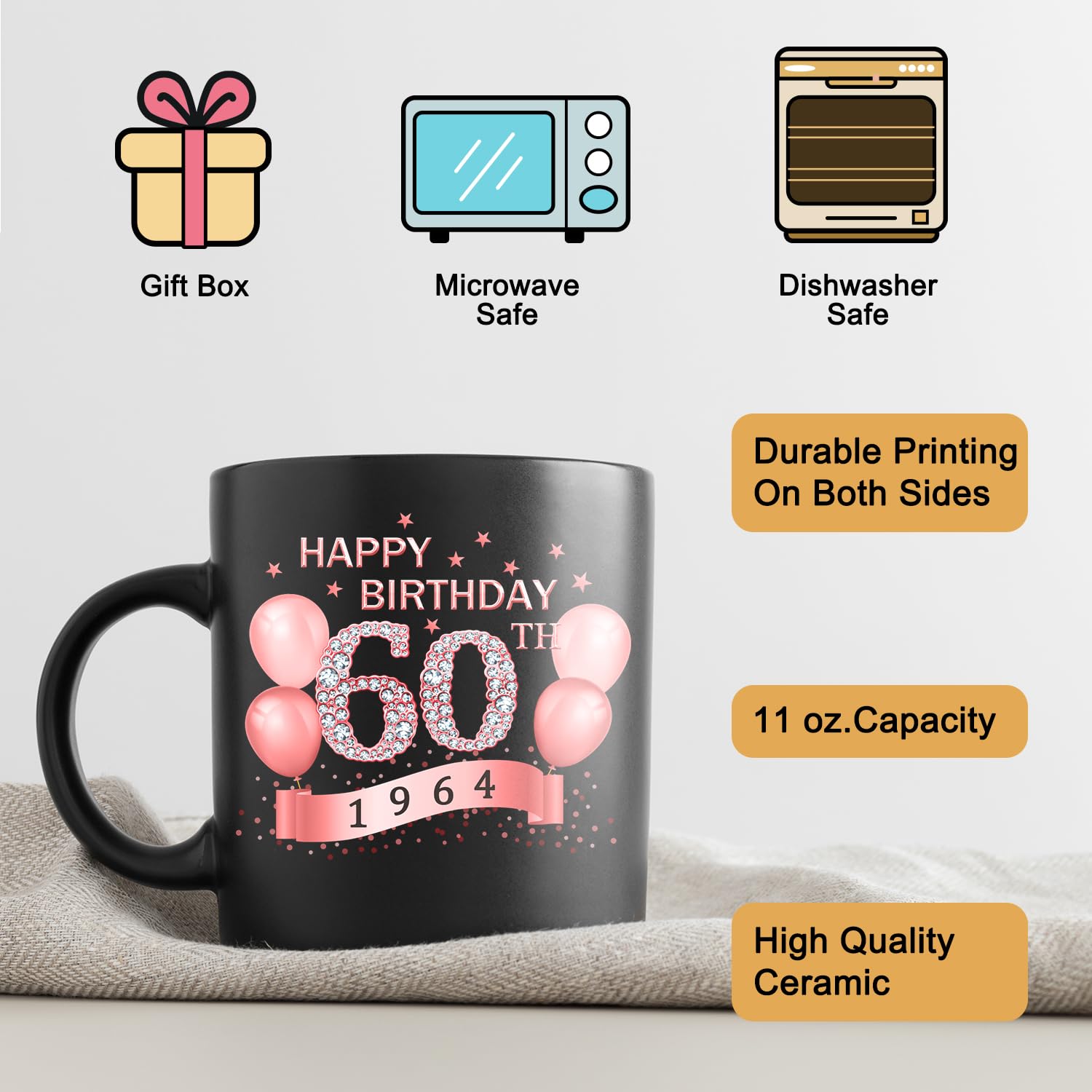 60th Birthday Gifts for Women Men - 1964 Old Time Information - 60th Birthday Mug - 60th Birthday For Her & Him - Unique Funny 60th Bday Gift Idea - Milestone Birthday - 12oz - Rose Gold