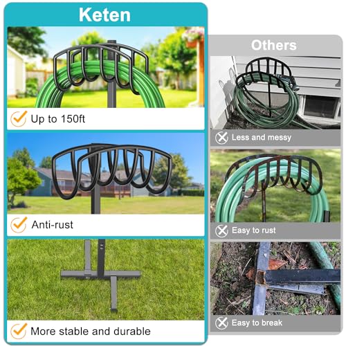 Keten Garden Hose Holder, Detachable Metal Water Hose Holder Stand, Heavy Duty Freestanding Garden Hose Reel Rack and Hose Storage Organizer for Outside Yard