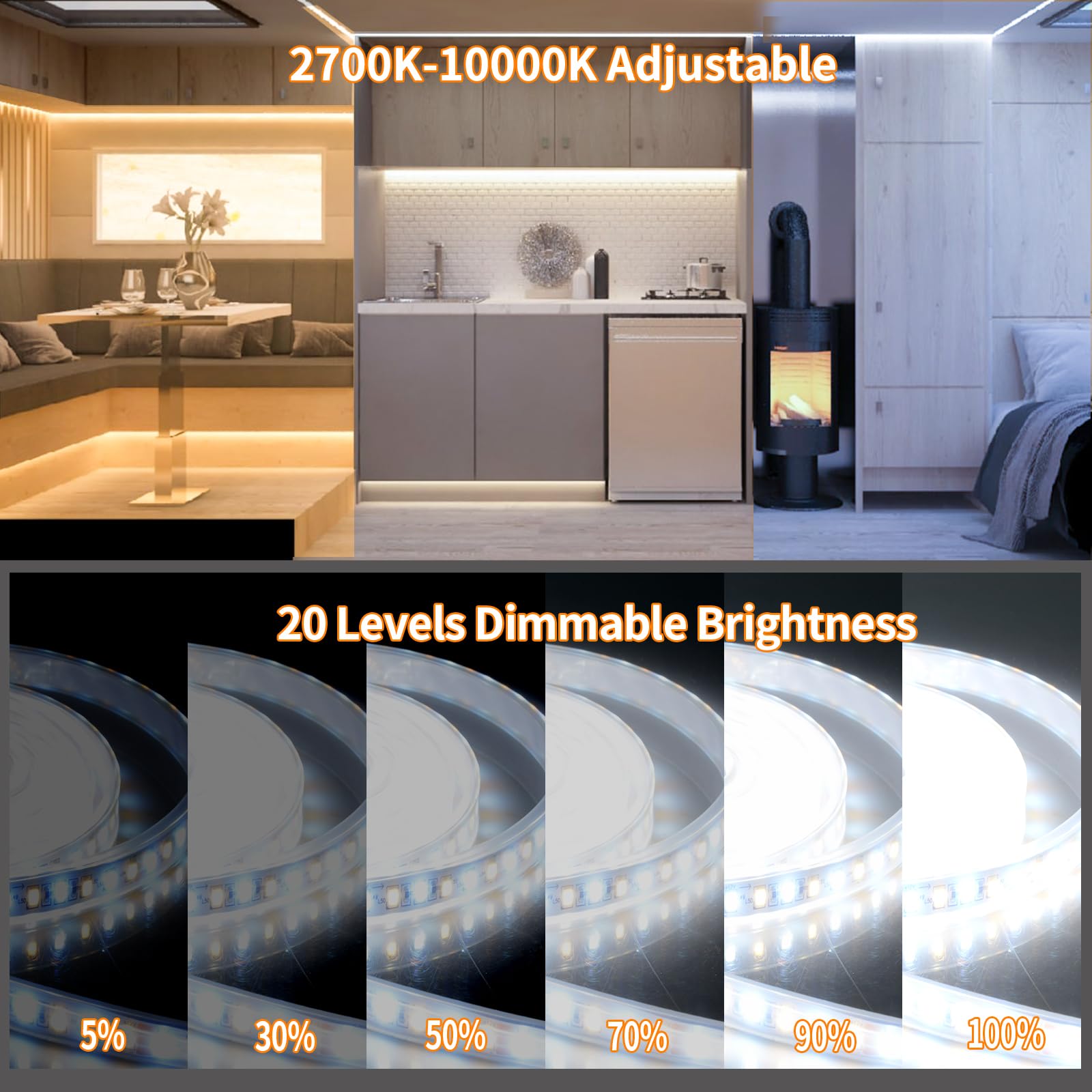 JESLED Under Cabinet Lights with Light & Motion Sensor, Dimmable and Adjustable 2700K to 10000K, 3 Working Modes, Timer, IP67, 9.8 ft LED Strip Lights for Cabinet, Counter, Shelf, Bed, Room