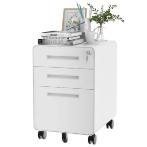 flexispot mobile file cabinet for home office 3 drawer file cabinet under desk storage filing cabinet for legal/letter/a4 file,round corner design,white