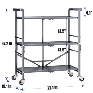 3 Tier Rolling Utility Cart - Metal Folding Cart with Wheels, Collapsible Service Cart Storage Shelf Rack for Kitchen, Office, Garage, Plant, Outdoor cart