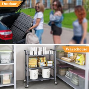 3 Tier Rolling Utility Cart - Metal Folding Cart with Wheels, Collapsible Service Cart Storage Shelf Rack for Kitchen, Office, Garage, Plant, Outdoor cart