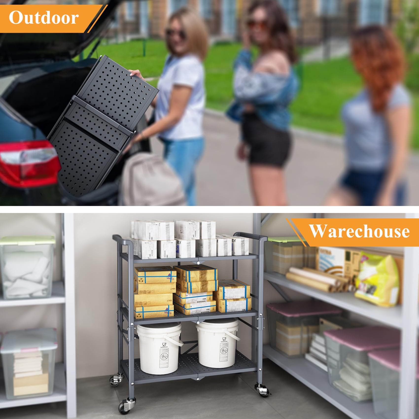 3 Tier Rolling Utility Cart - Metal Folding Cart with Wheels, Collapsible Service Cart Storage Shelf Rack for Kitchen, Office, Garage, Plant, Outdoor cart