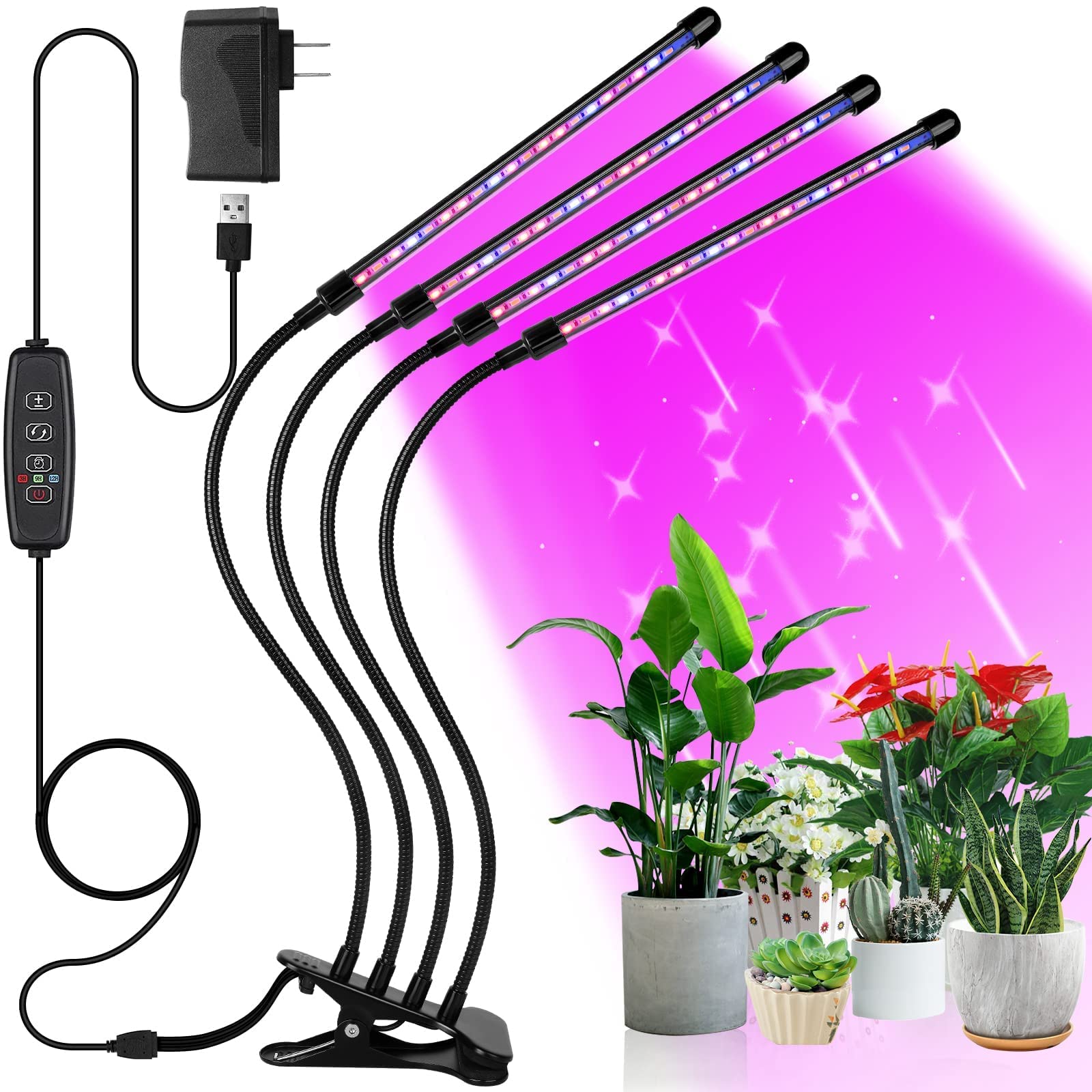 JSYBOY Grow Lights for Indoor Plants LED Grow Light for Seed Starting with Red Blue Spectrum, 3/9/12H Timer, 10 Dimmable Levels & 3 Switch Modes, Adjustable Gooseneck Suitable for Various Plant