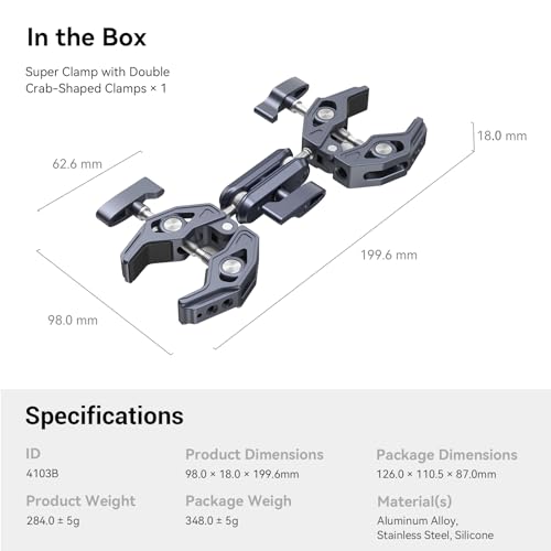 SMALLRIG Double Clamp Mount, Umbrella Clamp, Super Clamp Arm, for Chair, Pole, Tripod, C Stand, Handlebar, All Metal Max Load Capacity 3.5kg - 4103B