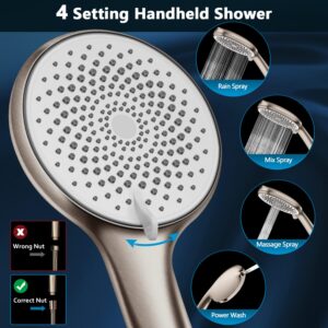 Shower Head Brushed Nickel, Upgraded 12" Rain Shower Head with 12" Flexible Curved Shower Extension Arm and High Pressure 4 Setting Handheld Shower Head Combo, Built-in Power Wash, 60’’ Shower Hose