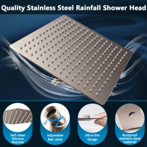 Shower Head Brushed Nickel, Upgraded 12" Rain Shower Head with 12" Flexible Curved Shower Extension Arm and High Pressure 4 Setting Handheld Shower Head Combo, Built-in Power Wash, 60’’ Shower Hose