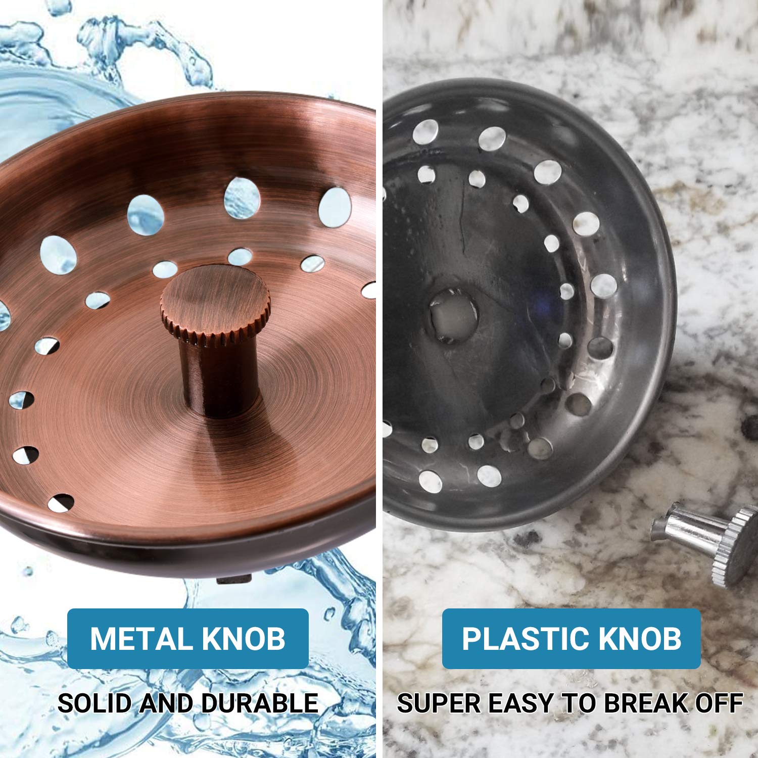 KONE 2 PCS Kitchen Sink Strainer - 304 Stainless Steel Drain Strainer Sink No Water Remains, with Handle Easy to Use and Clean