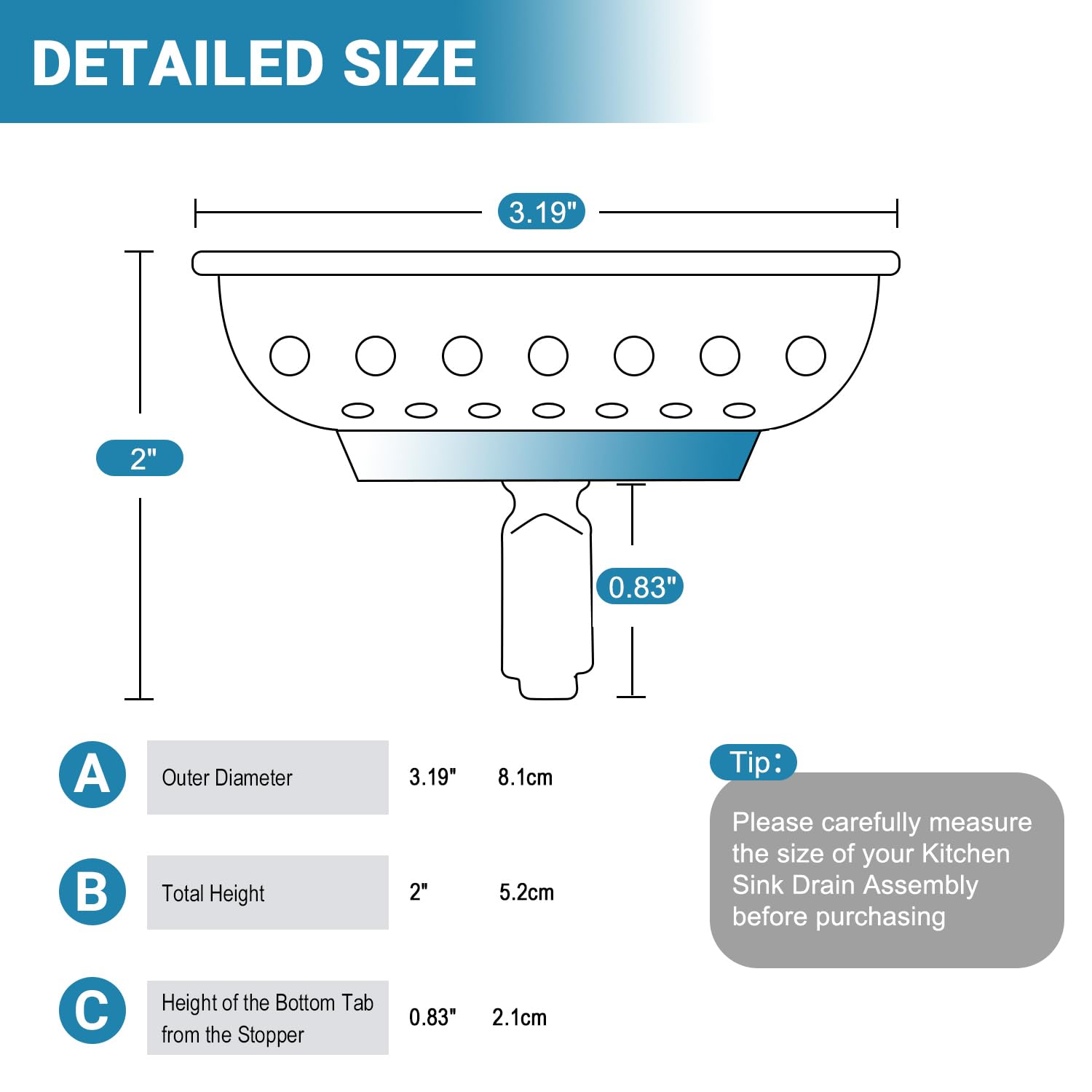 KONE 2 PCS Kitchen Sink Strainer - 304 Stainless Steel Drain Strainer Sink No Water Remains, with Handle Easy to Use and Clean