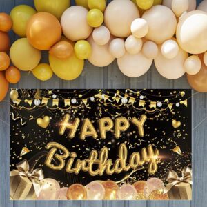 Happy Birthday Banner Black Gold Happy Birthday Backdrop Party Decorations Supplies for Women Men Children Girl Boy