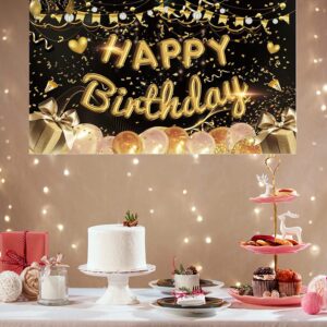 Happy Birthday Banner Black Gold Happy Birthday Backdrop Party Decorations Supplies for Women Men Children Girl Boy