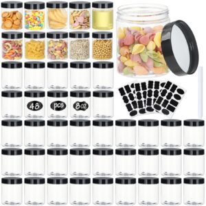 jars with lids, 48pcs 8 oz plastic containers with lids pen labels leak proof bpa free airtight refillable clear small containers storage jars for storing dry food makeup slime honey jam (8oz black