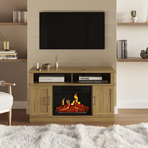 TV Stand with Electric Fireplace - Media Console with Storage Cabinet, Remote Control, Adjustable Heat, and LED Flames by Northwest (Brown)