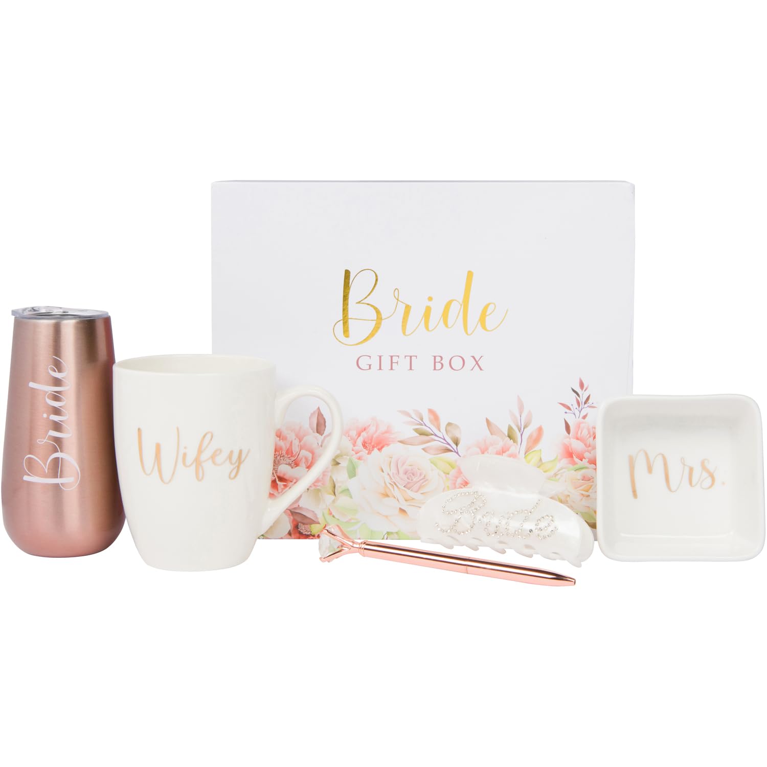 Bride Gift Box - Bride to Be Gift Set for Bridal Shower, Engagement Party, Bachelorette Party, Wedding Shower, or Wedding - Includes Champagne Tumbler, Coffee Mug, Hair Clip, and More in Premium Box