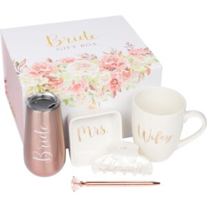 Bride Gift Box - Bride to Be Gift Set for Bridal Shower, Engagement Party, Bachelorette Party, Wedding Shower, or Wedding - Includes Champagne Tumbler, Coffee Mug, Hair Clip, and More in Premium Box