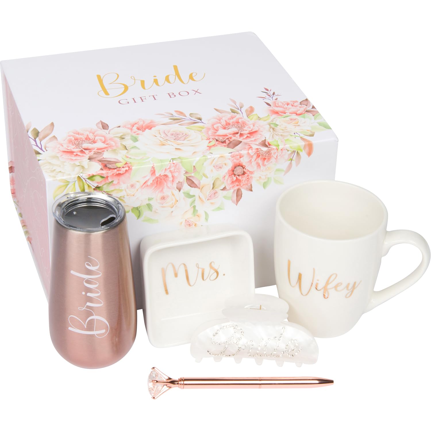 Bride Gift Box - Bride to Be Gift Set for Bridal Shower, Engagement Party, Bachelorette Party, Wedding Shower, or Wedding - Includes Champagne Tumbler, Coffee Mug, Hair Clip, and More in Premium Box