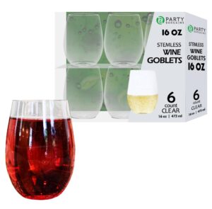 party bargains stemless goblet, 16 oz, clear, 6 pack, heavy duty plastic wine glasses, decorative drinking cups for weddings, baby showers, barware, drinkware