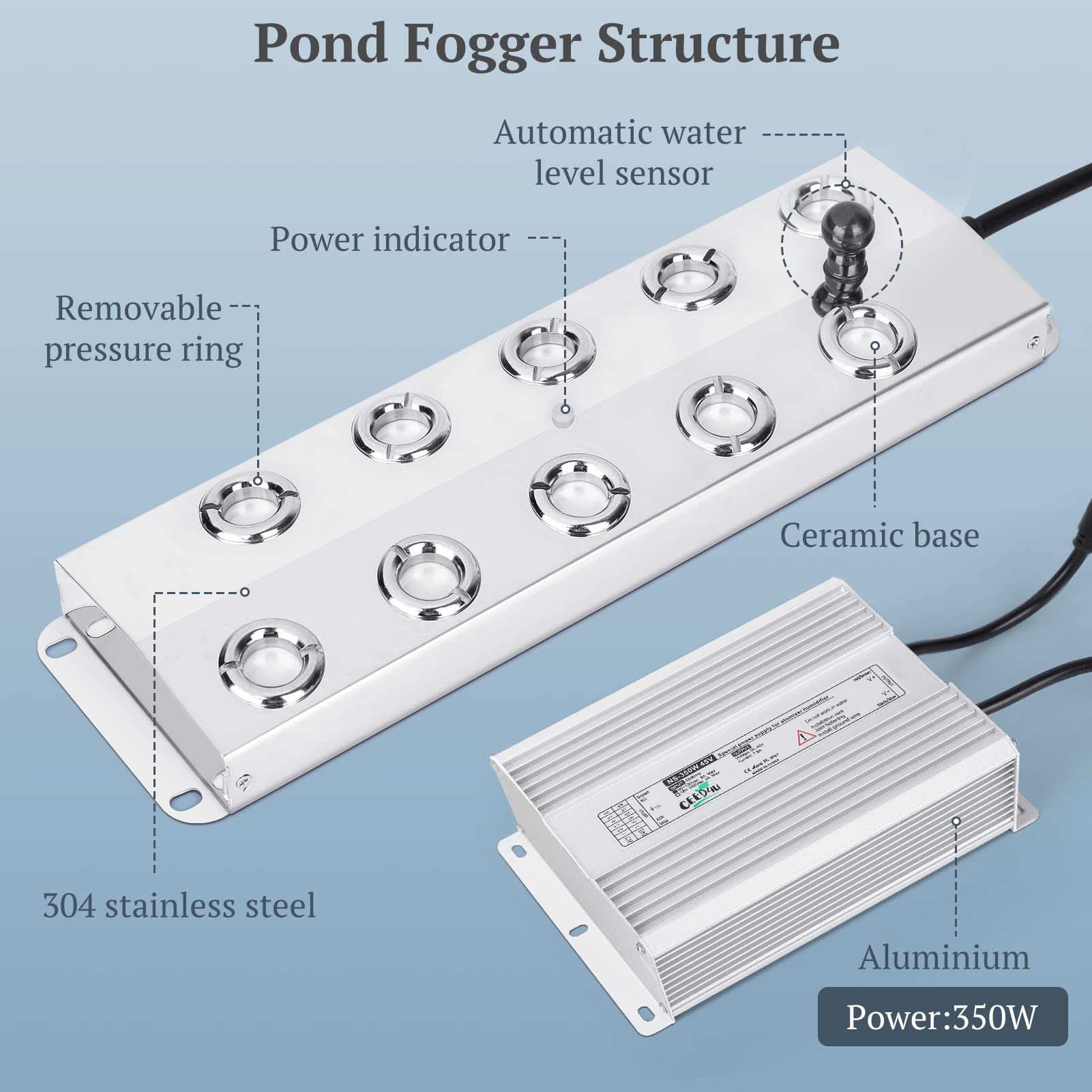 CEED4U Ultrasonic Fogger, 10 Head Ultrasonic Mist Maker, 7000ml/H 350W Mist Maker Fogger with Buoy IP67 Waterproof Power Supply, Perfect for Pond Garden Lawn Rockery Greenhouse Halloween Decoration