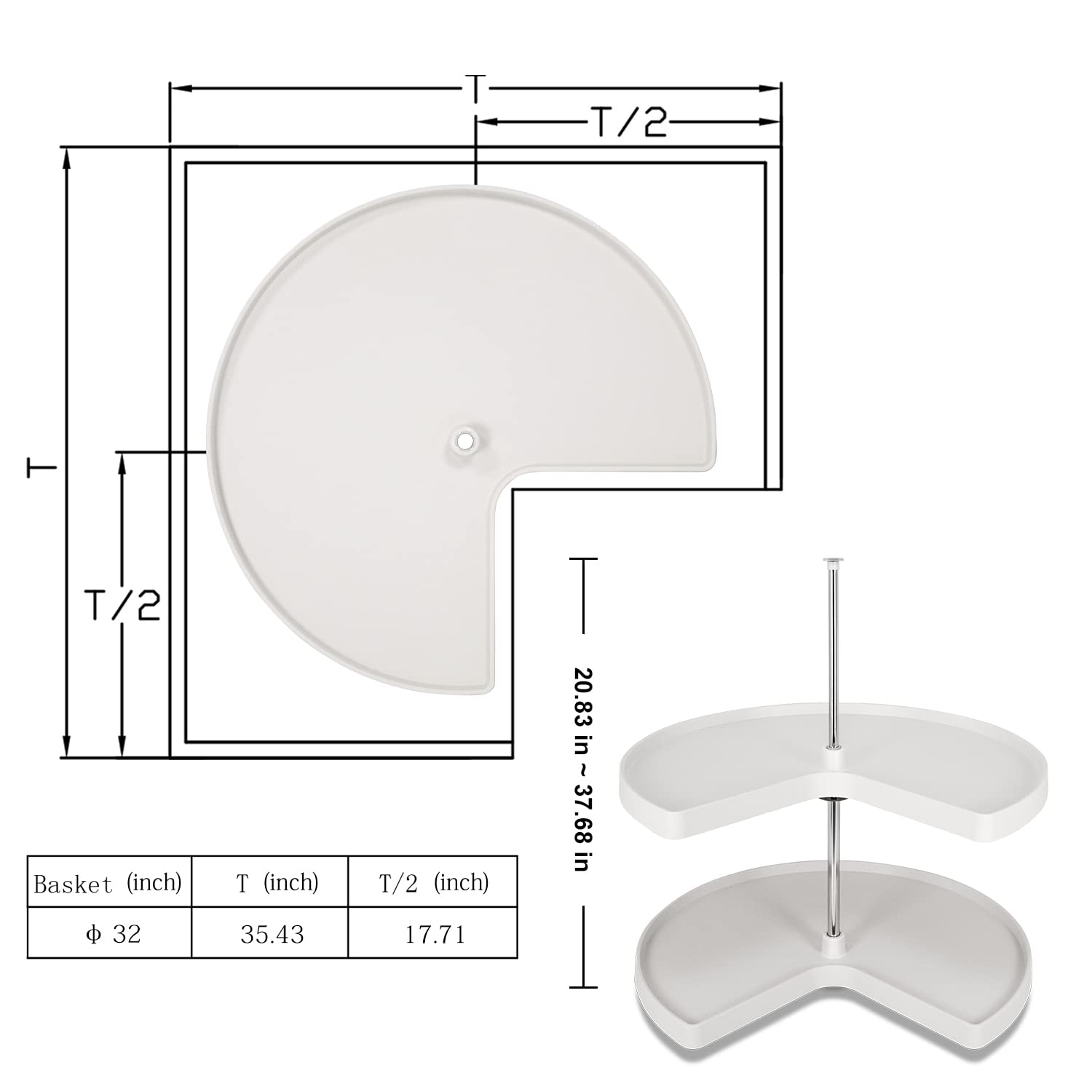 Duwee 2 Tier Lazy Susan Cabinet Corner Organizer,Kidney Shaped Cabinet Blind Corner Lazy Susan,2 Tier Rotating Storage Shelf Rack with Telescoping Shaft, White